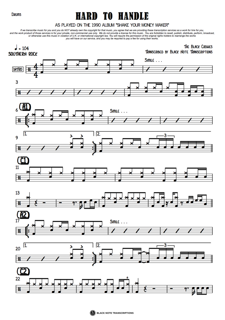 Hard To Handle – The Black Crowes (DRUMS) - Black Note Transcriptions